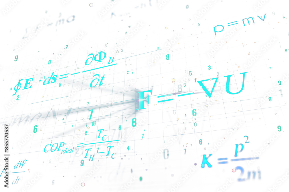 Mathematical equations overlay on a transparent grid, with a light ...
