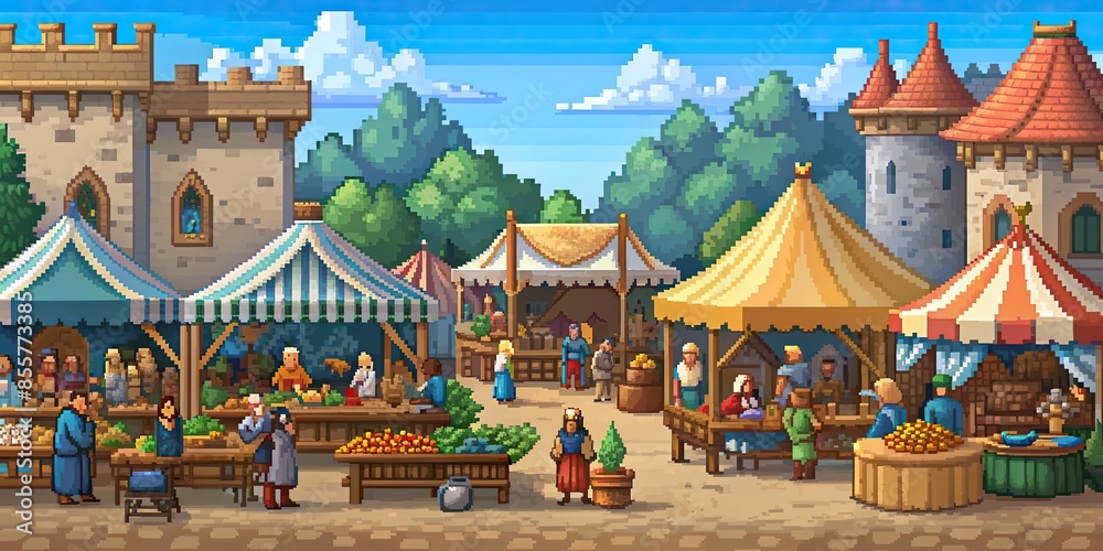 Pixel art depiction of a busy medieval marketplace , pixel art ...