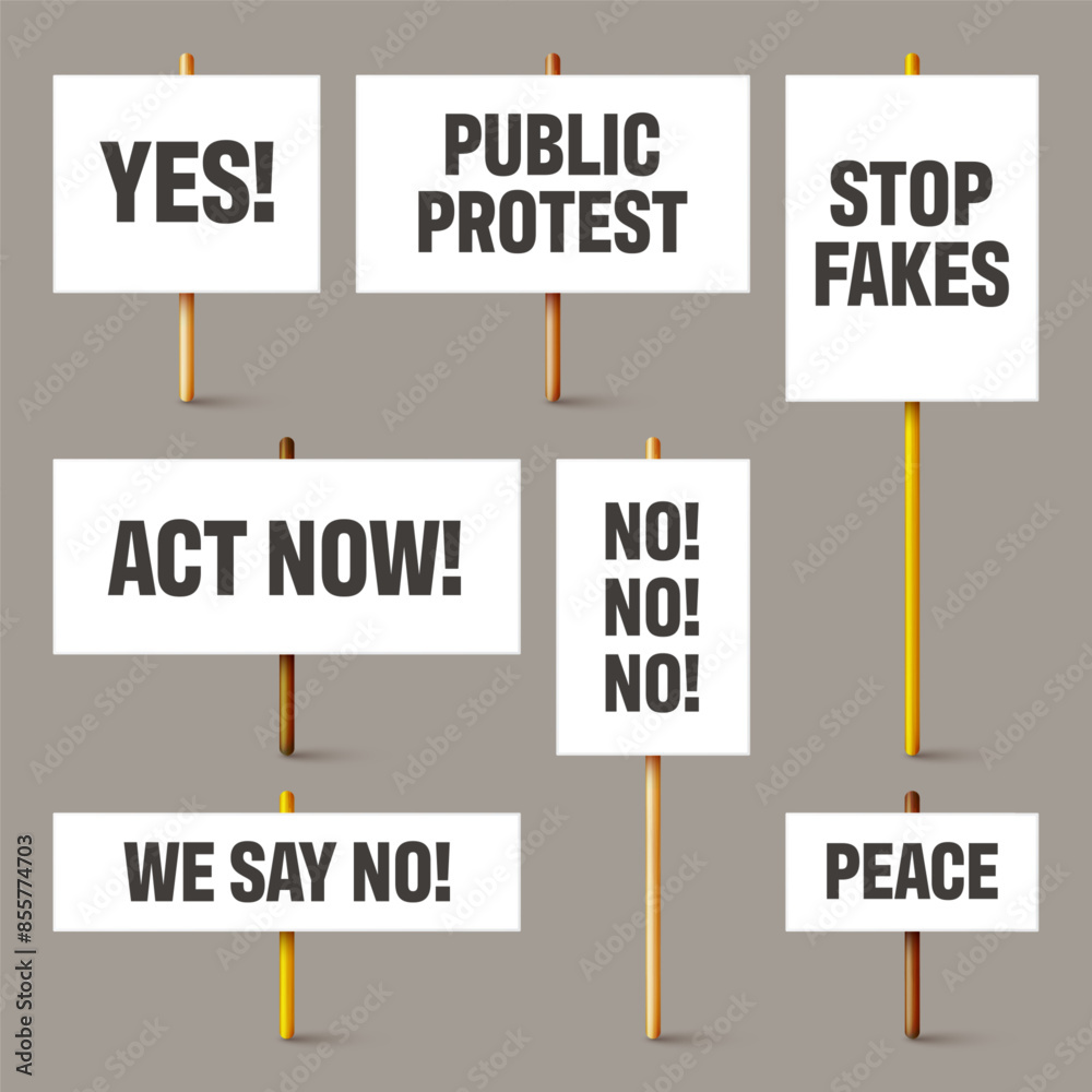 Blank white protest signs with text slogans on wooden holder. Various ...