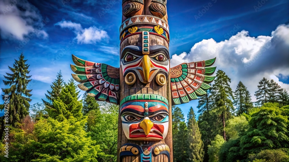 Traditional Indian totem pole depicting animals and spirits, Indigenous ...