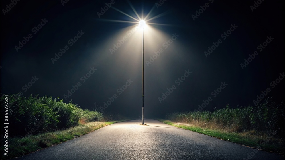 Dark road illuminated by a single lighting pole at night , isolated ...
