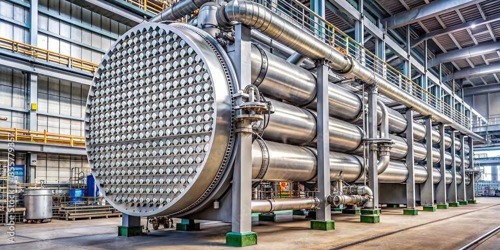 Large industrial heat exchanger at petrochemical plant , industrial ...