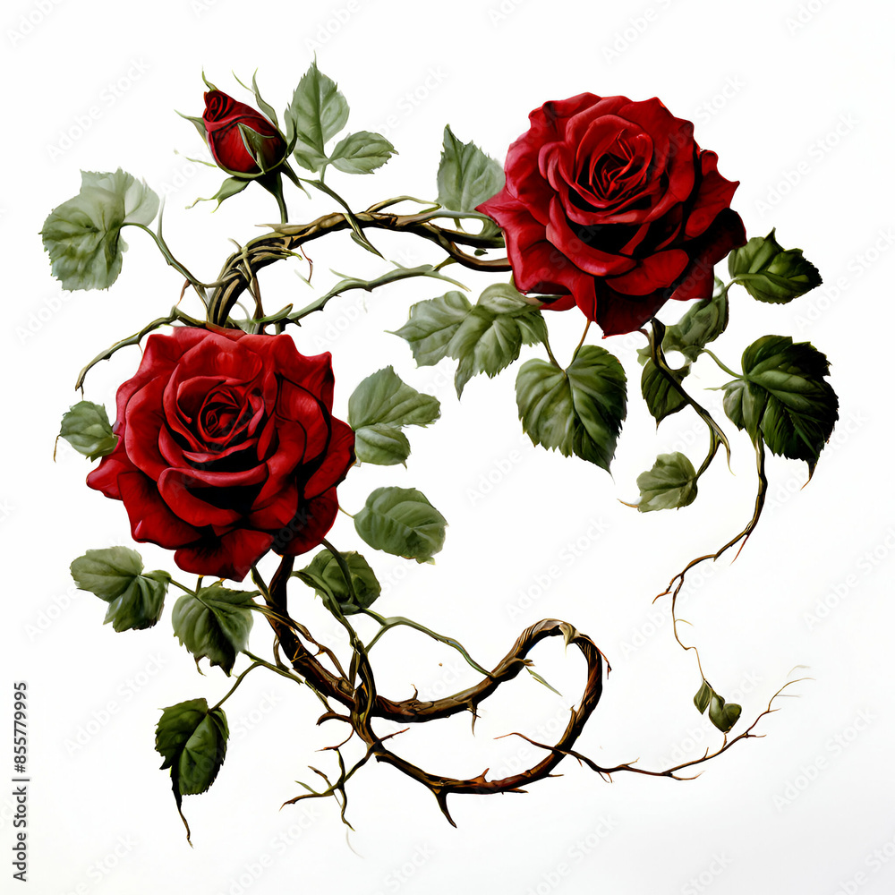 blood red roses on a curly vine, ivy. thorns and green leaves. dry ...