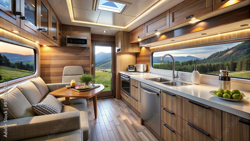 Cozy and modern motorhome interior with a fully equipped kitchen for ...
