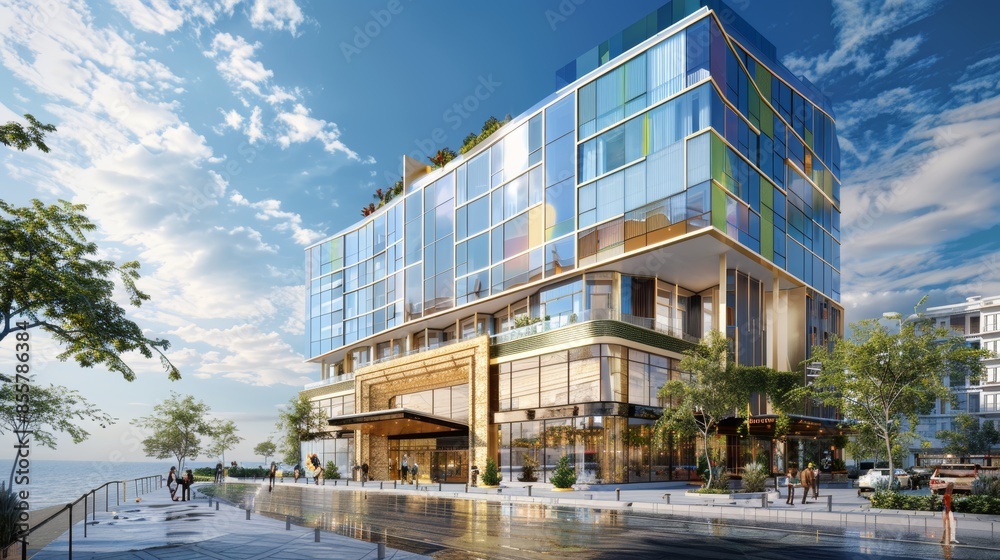 Modern glass building with reflective facade, multiple stories, blue ...