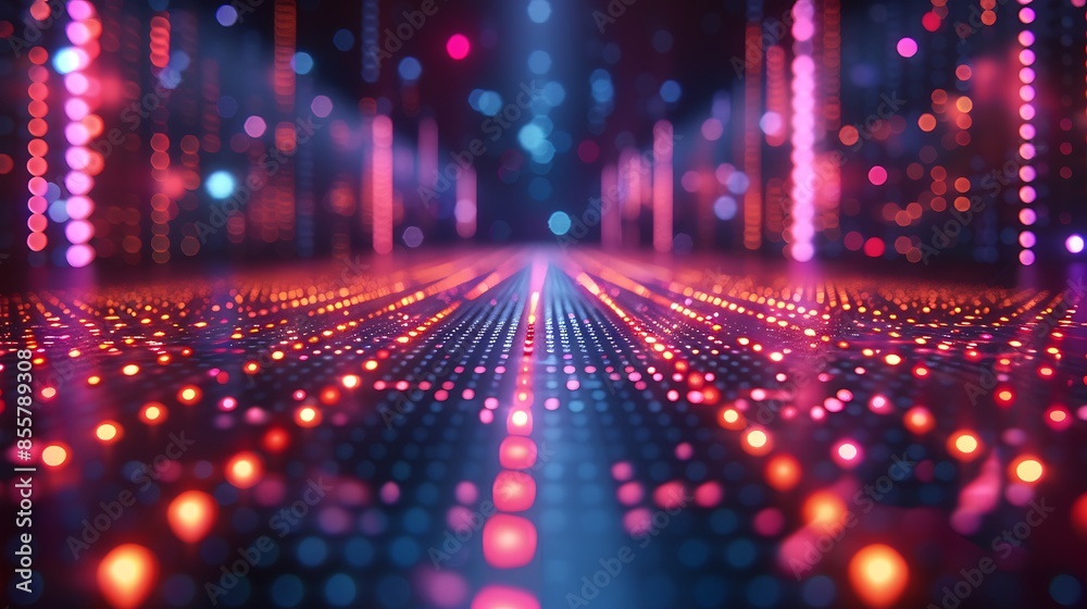 A vibrant design of a neon grid with retro 80s digital wave elements ...