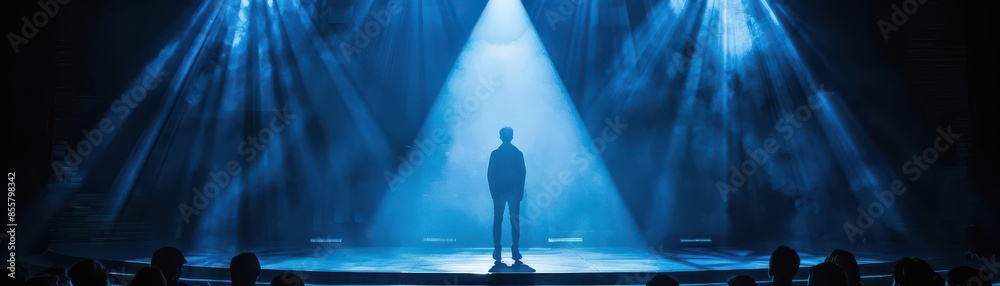 A solo performer stands on stage under a single spotlight, the audience ...