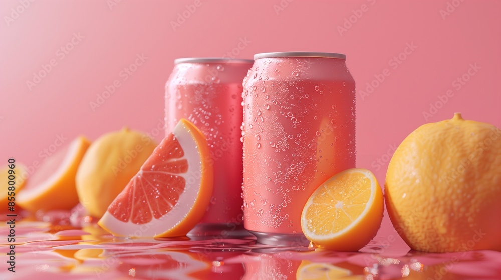 Two pink condensation cans mockup by fresh grapefruit, lemon slices ...