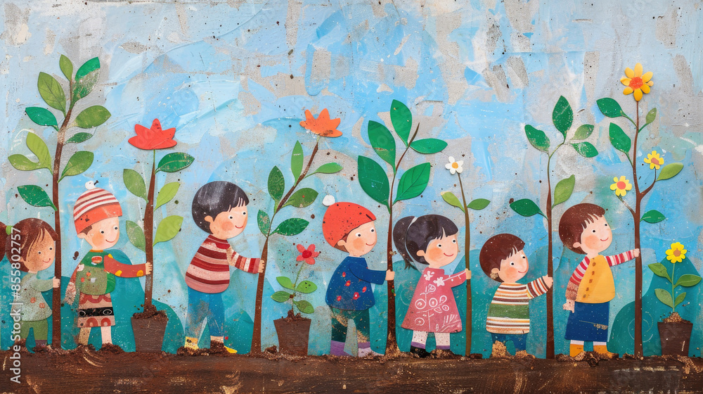 Artwork of children planting trees in a community park, symbolizing ...