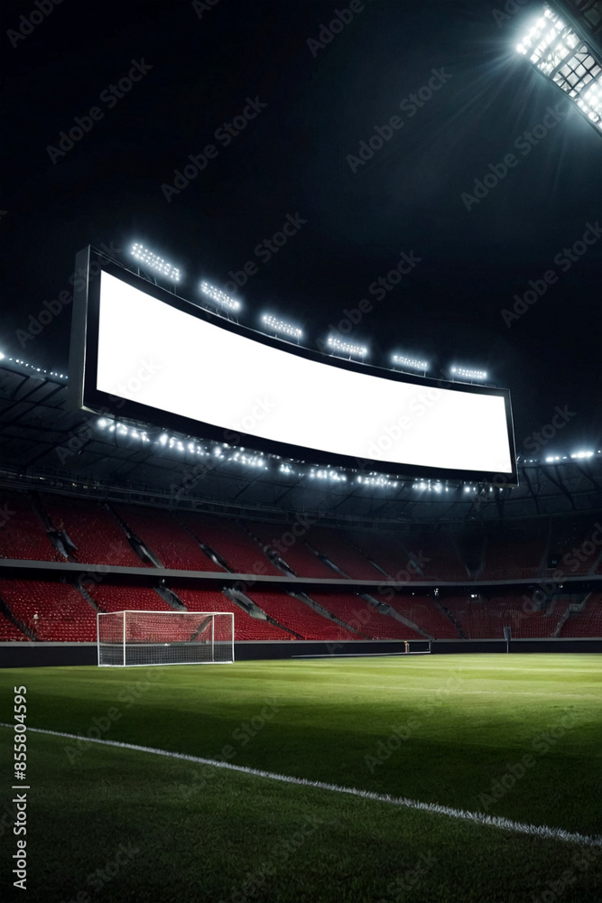 Big screen billboard in soccer football stadium tribunes, night match ...