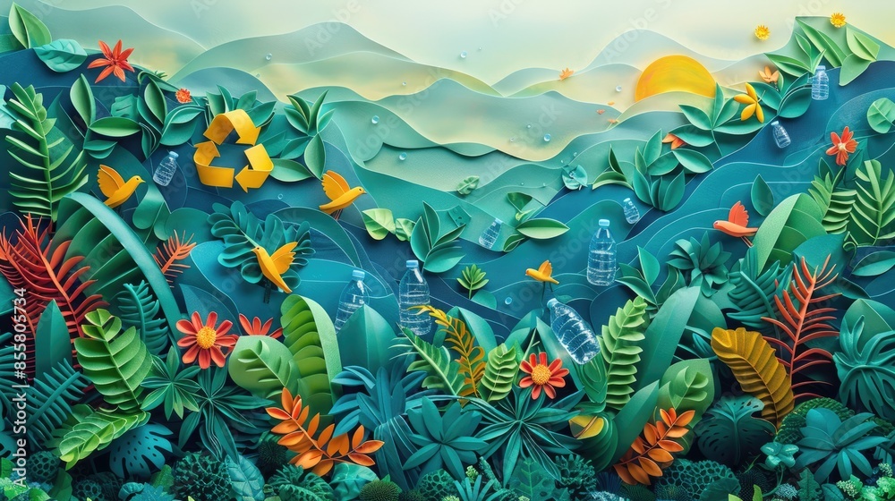 Paper cutout of a forest filled with single-use plastics disrupting ...