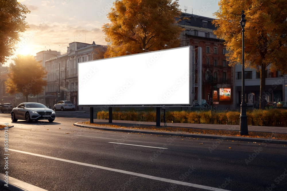 Big blank ad mockup billboard in autumn city street at sunset ...