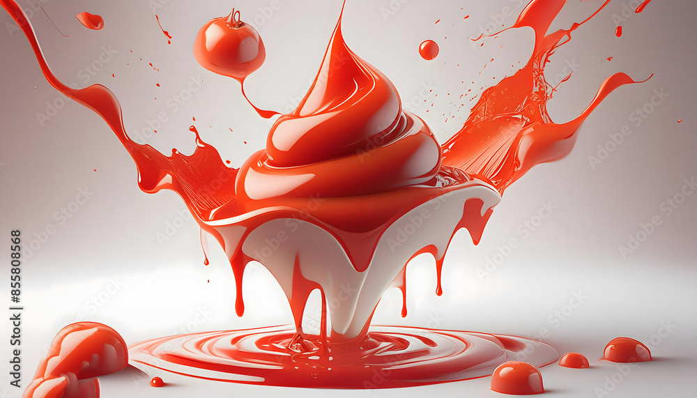 Red Tomato ketchup splash flying in air isolated on white background. Floating splash of ketchup ...