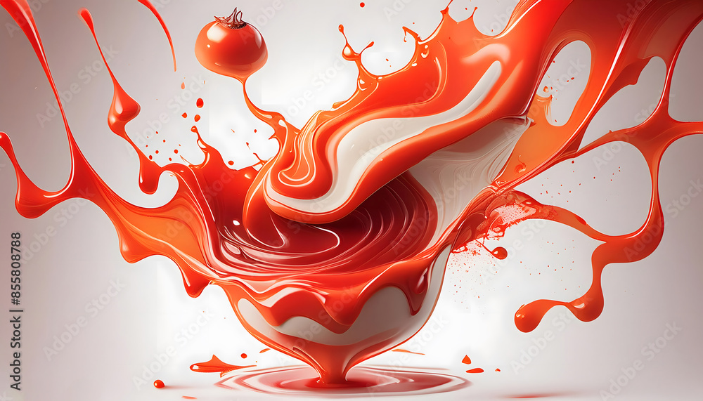 Red Tomato ketchup splash flying in air isolated on white background. Floating splash of ketchup ...