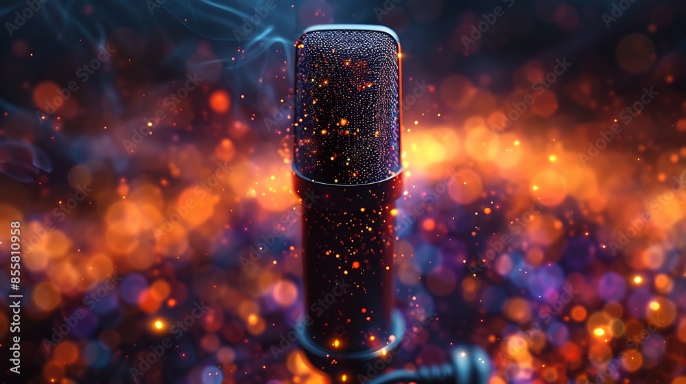 Sound waves visualized against a studio microphone background. The ...