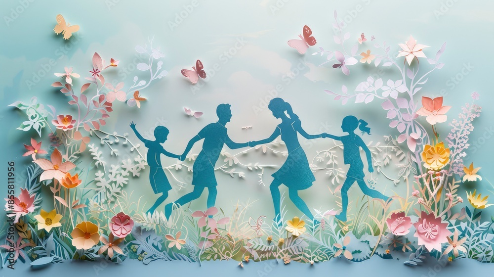 Paper cut tableau of a family adventure featuring a father and mother ...