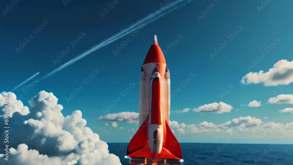 This is an illustration of a cartoon rocket. The rocket is mostly red ...