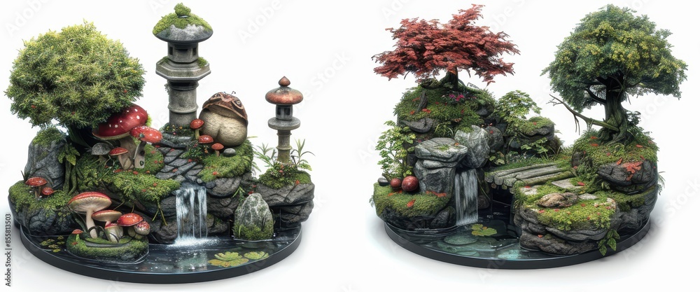 Miniature garden dioramas featuring serene landscapes, lush greenery ...
