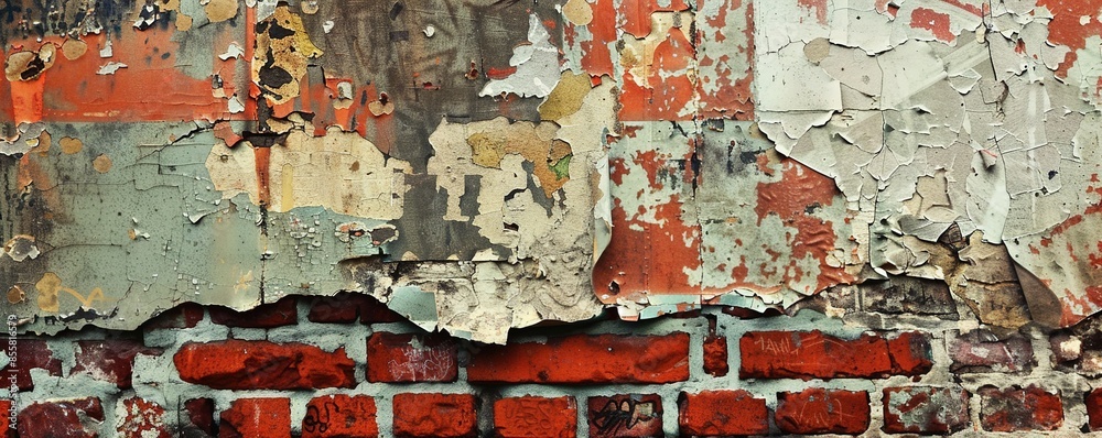 A closeup of a torn and weathered poster on a brick wall, with remnants ...