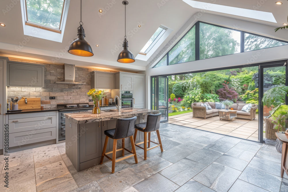 Large open plan kitchen with island and dining area, grey and neutral ...