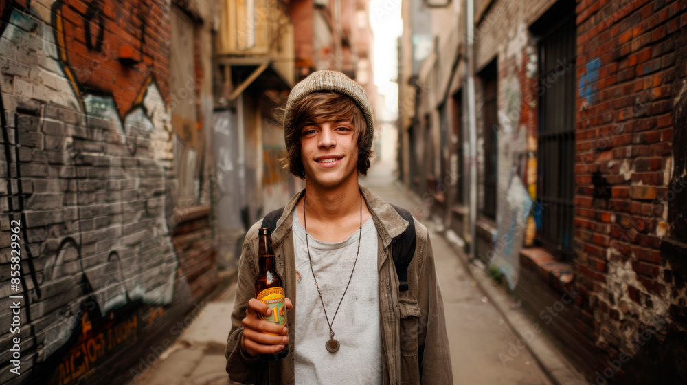 Lowlife kid with established alcohol habit drinking beer in poor ...