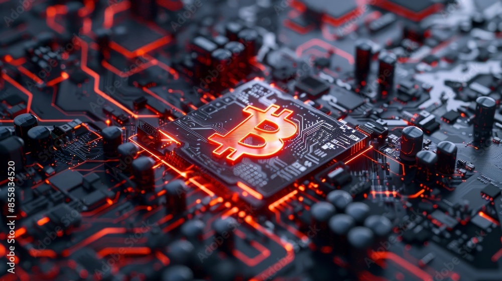 Bitcoin icon digitalized on a complex motherboard interface, biometric ...