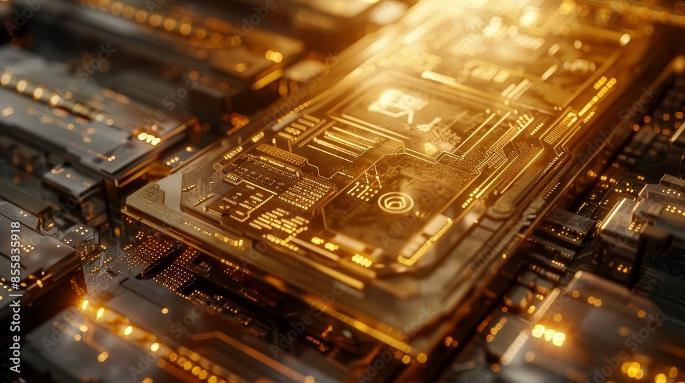 Digital gold bar fused with a graphical motherboard interface and ...