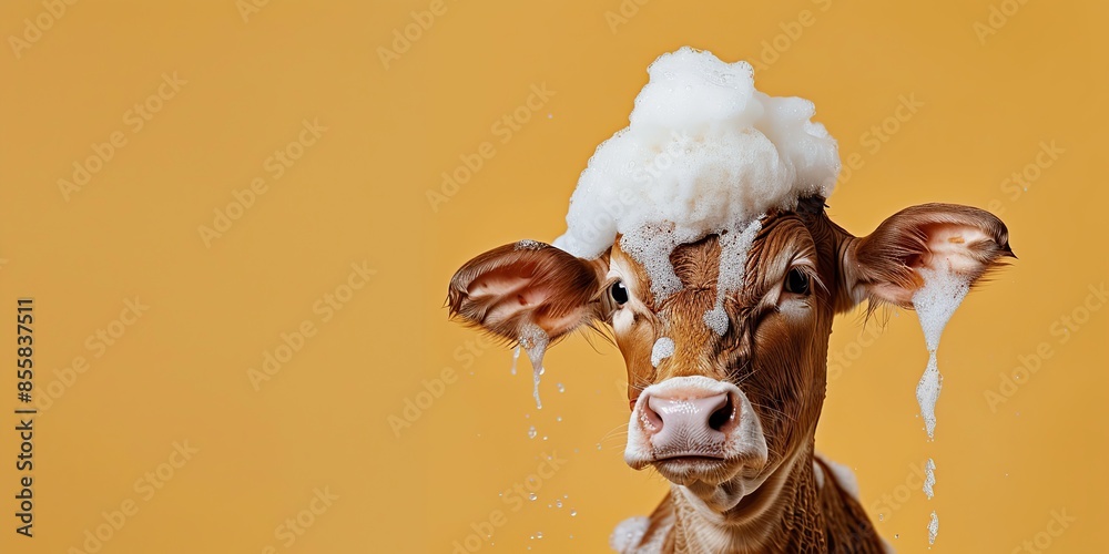 ภาพประกอบสต็อก Wet Cow taking bath, shower In bathtub. Funny washing ...