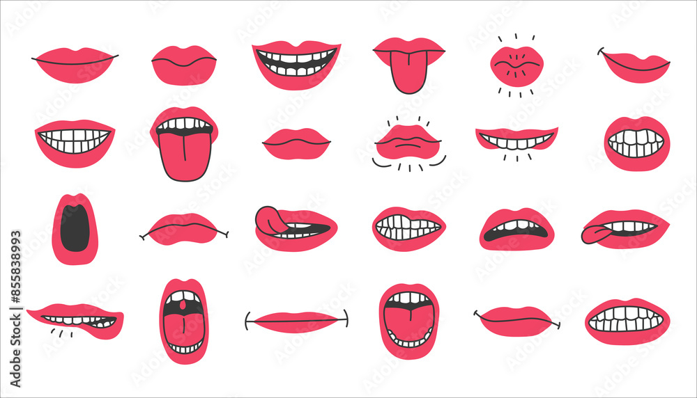 Mouth Lip Emotion Expression Vector Set. Large group of objects. Hand ...