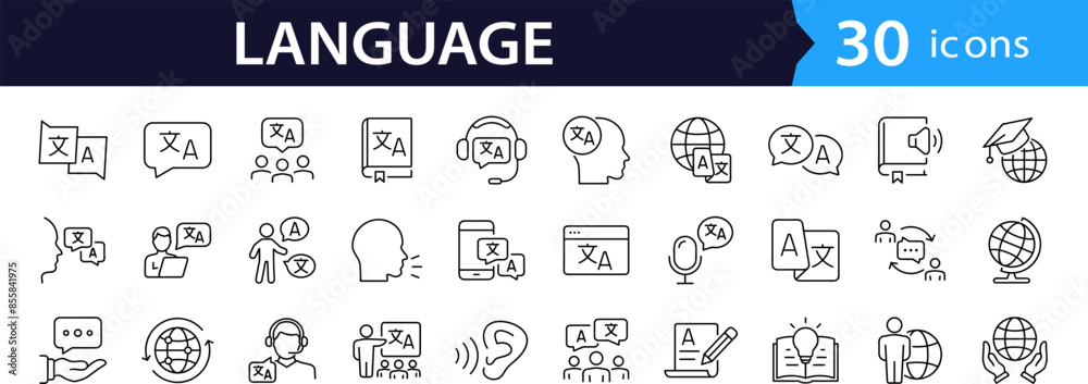 Language set of web icons in line style. Translation and communication ...