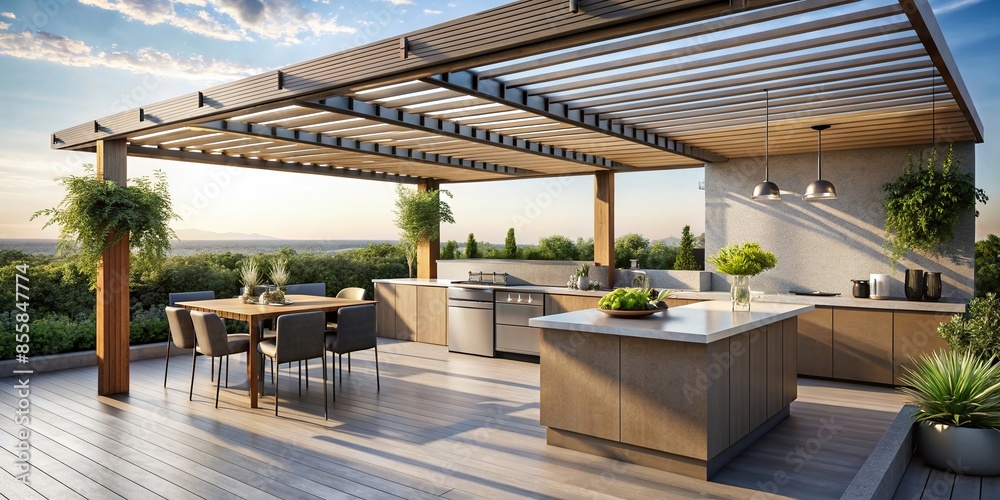 Rooftop terrace with modern outdoor kitchen and stylish pergola setup ...