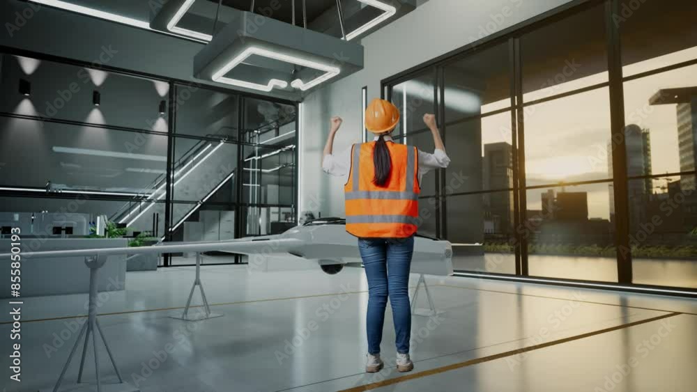 Full Body Back View Of A Female Engineer With Safety Helmet Raising Her ...