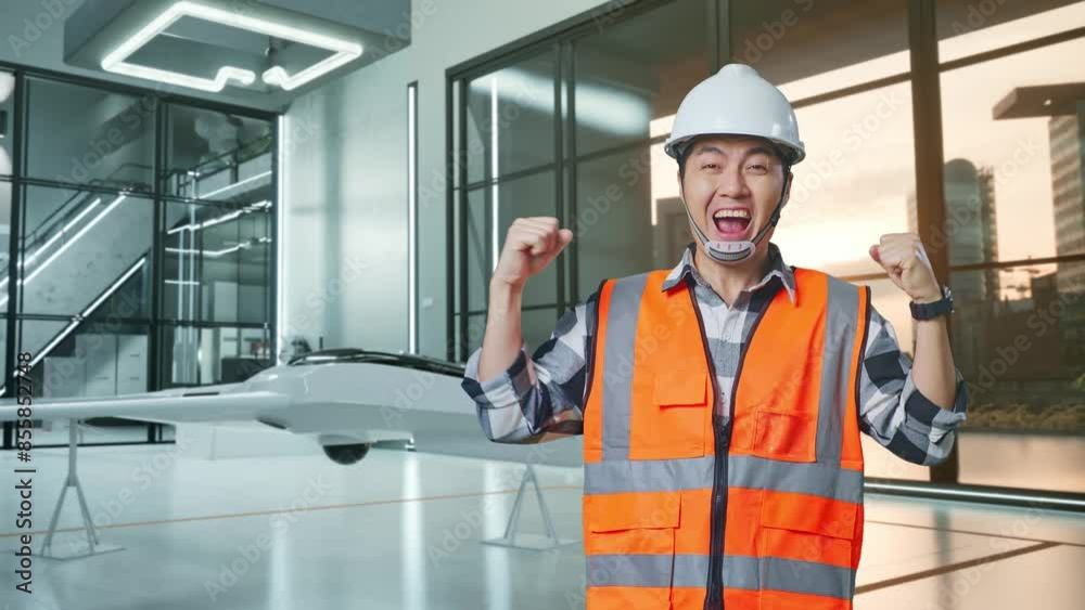 Asian Male Engineer With Safety Helmet Screaming Goal Celebrating ...