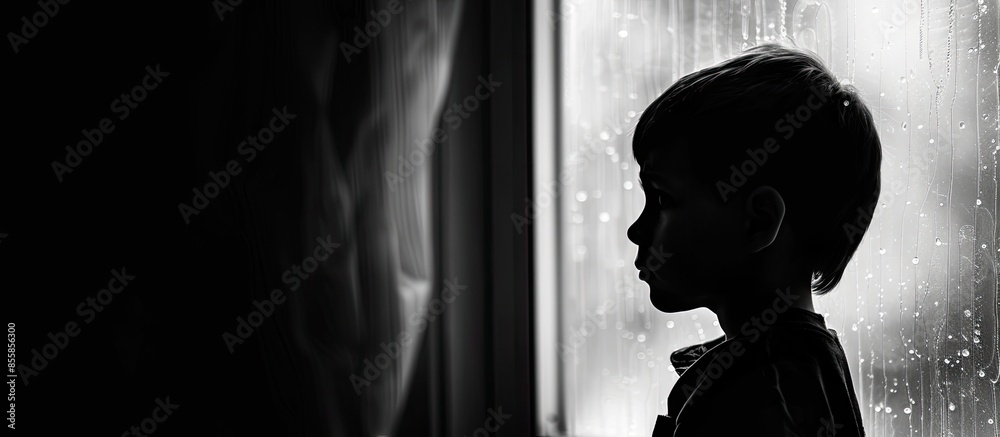 Blurry background Silhouette sad boy crying at window, black and white ...