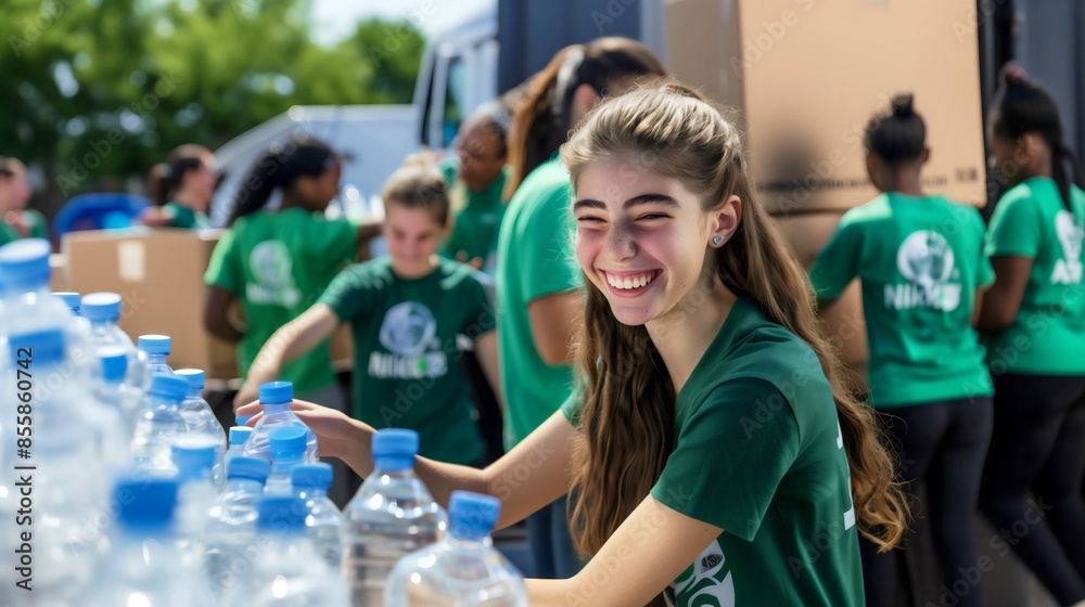 Teenage girl helping at community event diverse people unloading water ...
