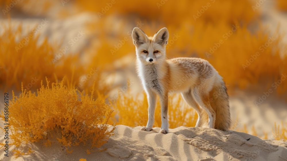 Against the backdrop of an endless desert, a fennec fox pauses atop a ...