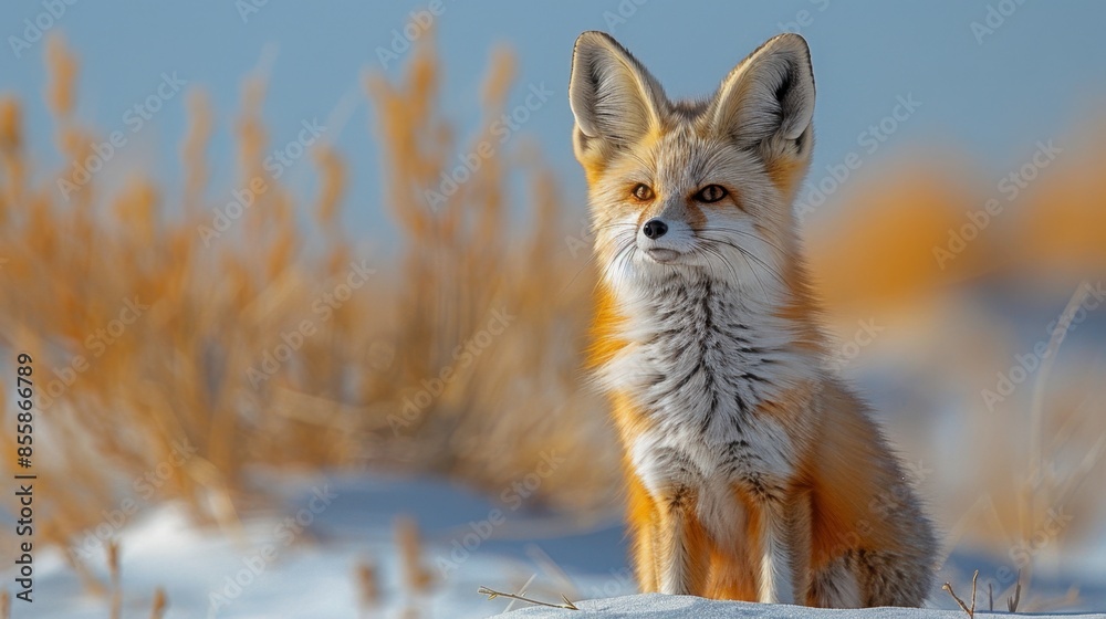 Against the backdrop of an endless desert, a fennec fox pauses atop a ...