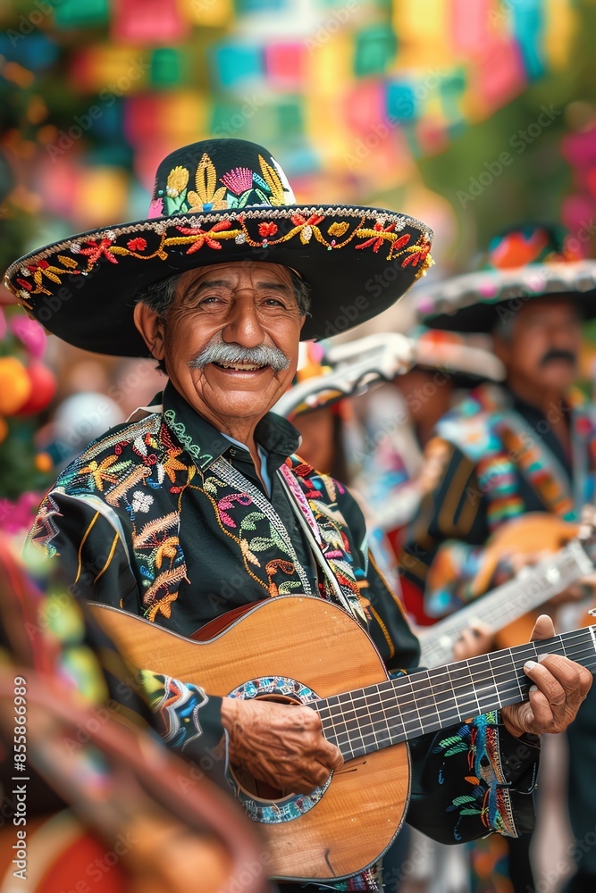 A mariachi band in traditional attire plays guitars, serenading with ...