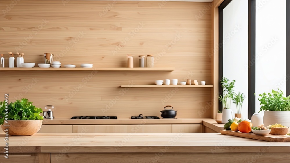 The internal wood of the kitchen background top counter blurs into an ...