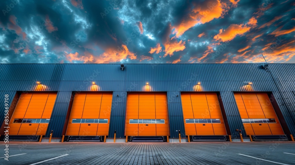 Innovative logistics warehouse complex with orange roller doors, wide ...