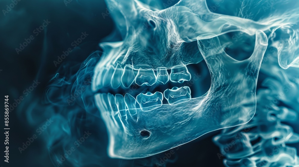 X-ray image of a human skull, showing a detailed view of the cranial ...