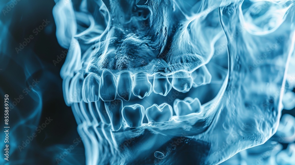 X-ray image of a human skull, showing a detailed view of the cranial ...
