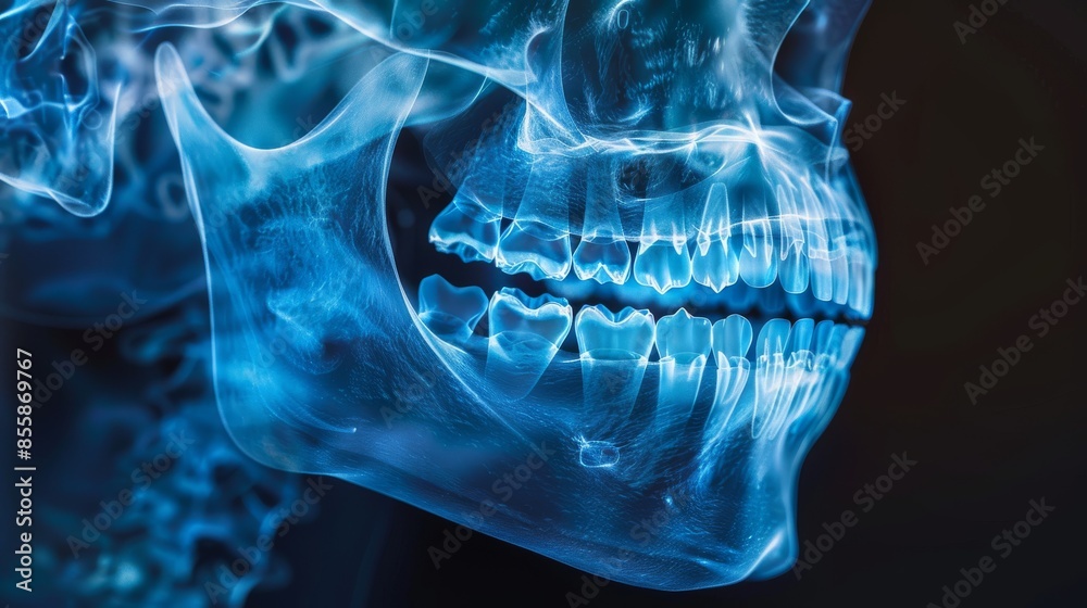 X-ray image of a human skull, showing a detailed view of the cranial ...