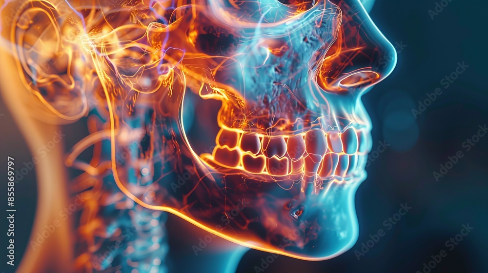 X-ray image of a human skull, showing a detailed view of the cranial ...