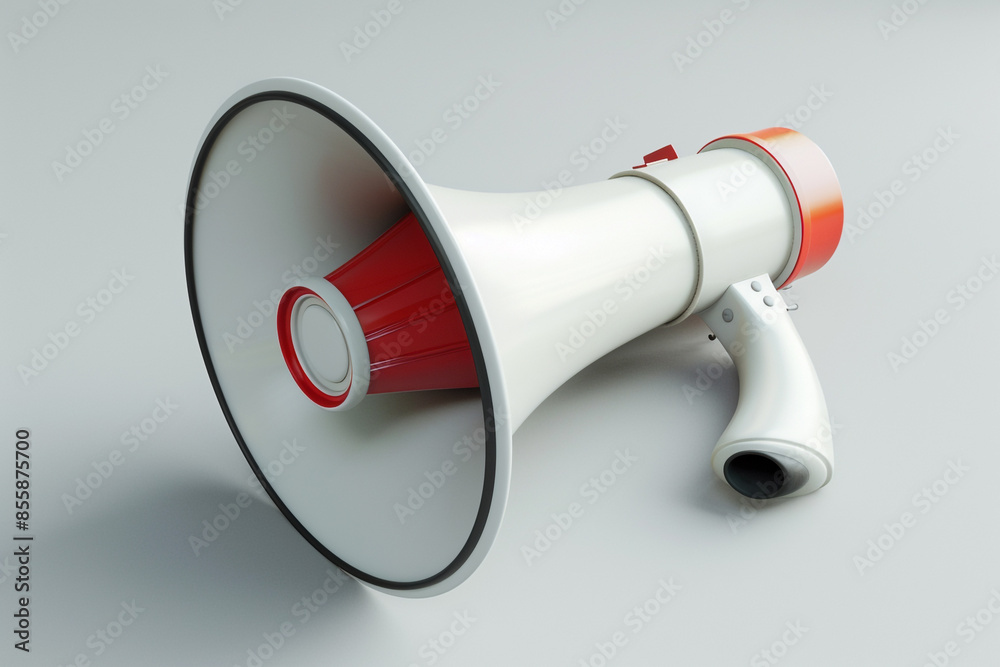 A classic megaphone with a white body and red mouthpiece, lying on its ...