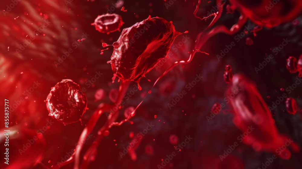 Red blood cells and platelets flowing through a vein, depicted in a 3D ...