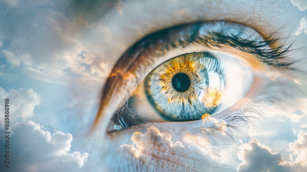 Human eye amidst sky and clouds, reflecting the healing of eye movement ...