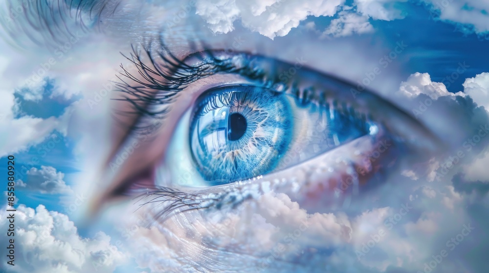 Human eye amidst sky and clouds, reflecting the healing of eye movement ...