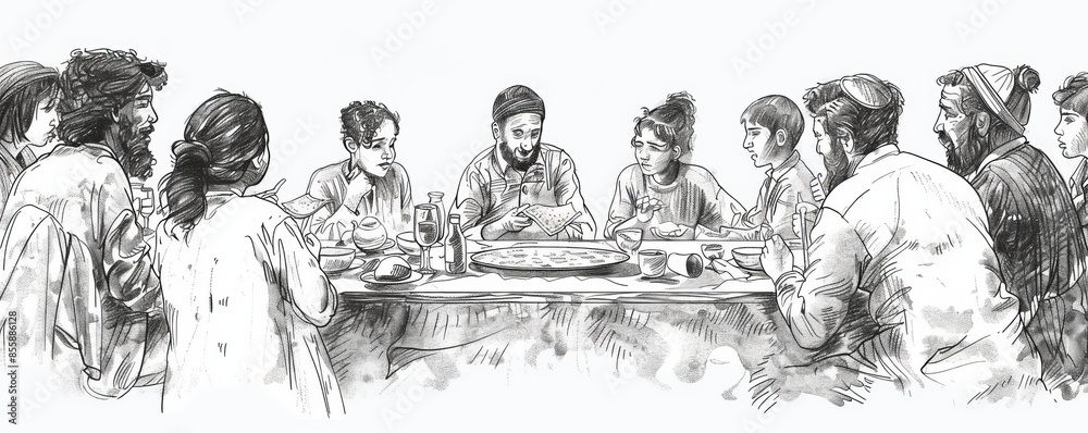 A line art drawing of a Jewish Passover Seder with families gathering ...