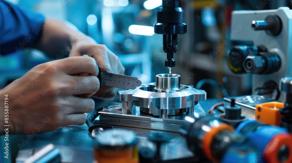 Quality control manufacturing.Hands of an engineer measures a metal ...